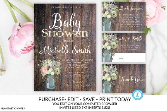 Floral Rustic Baby Shower Invitation Instant Download Editable ...