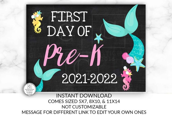 Mermaid First Day of Pre-K Sign Chalkboard Digital Printable Sign ...