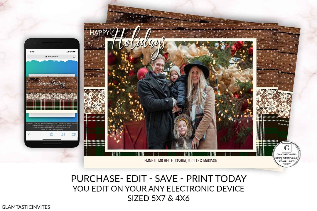 Rustic Christmas Family Photo Card Holiday Card Template DIY Plaid ...