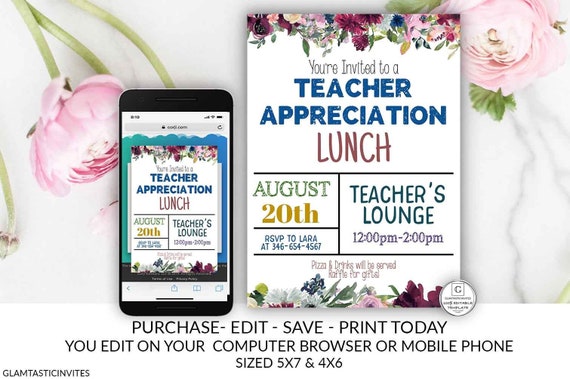 Teacher Appreciation School Luncheon Lunch Invitation Editable ...