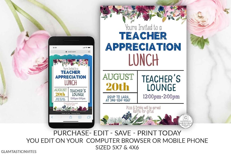 Teacher Appreciation School Luncheon Lunch Invitation Editable - Etsy