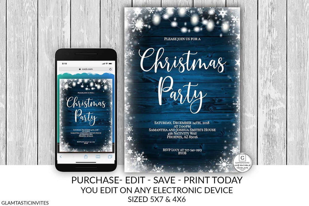 Editable Snowflake Christmas Party Invitation, Rustic Christmas Party ...
