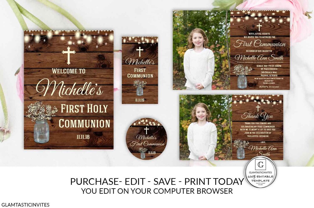 Rustic Girl First Communion Invitation Kit Package Set Editable ...