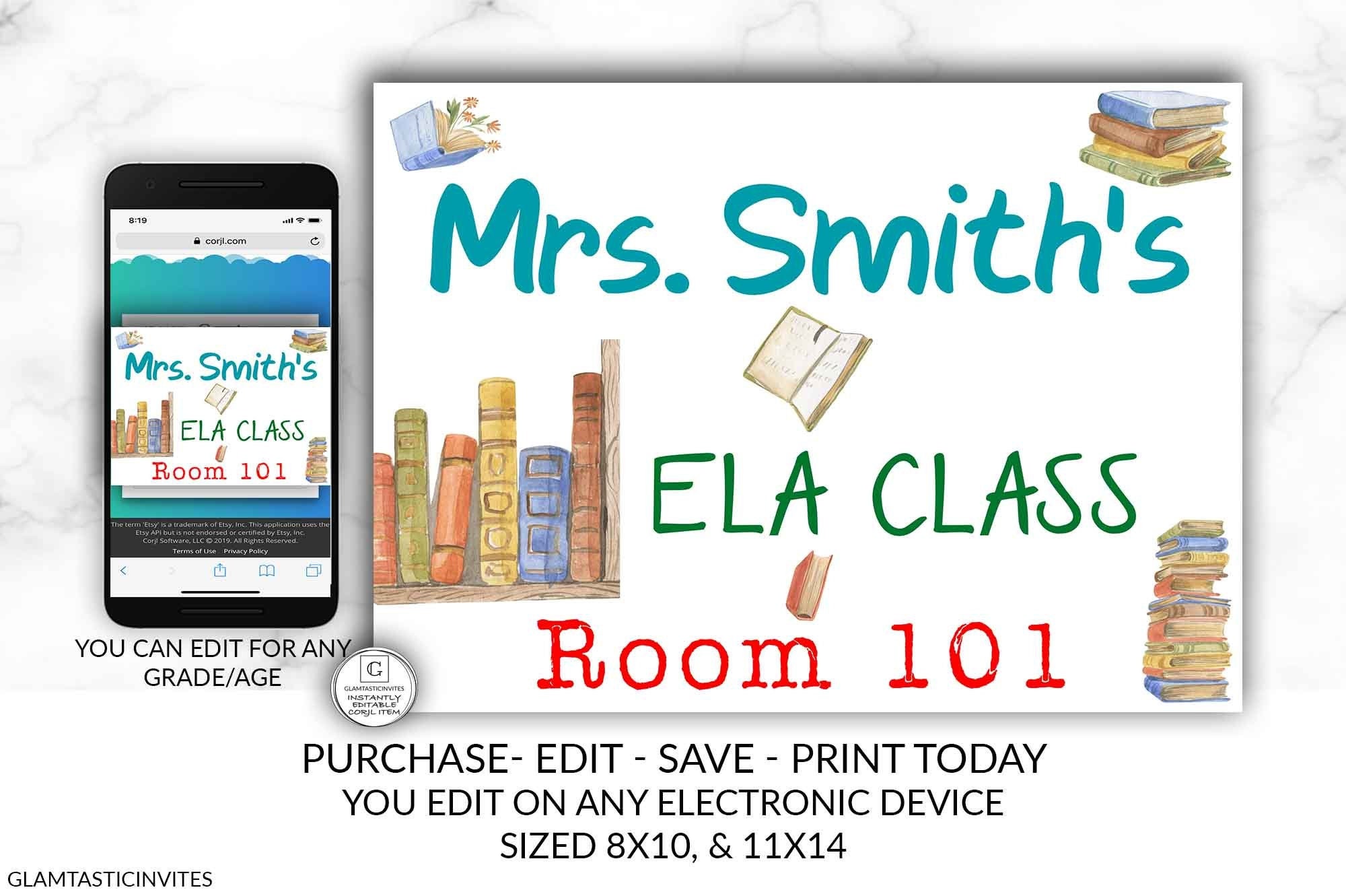 ELA Teacher Classroom Sign Template Instant Download Editable Printable ...