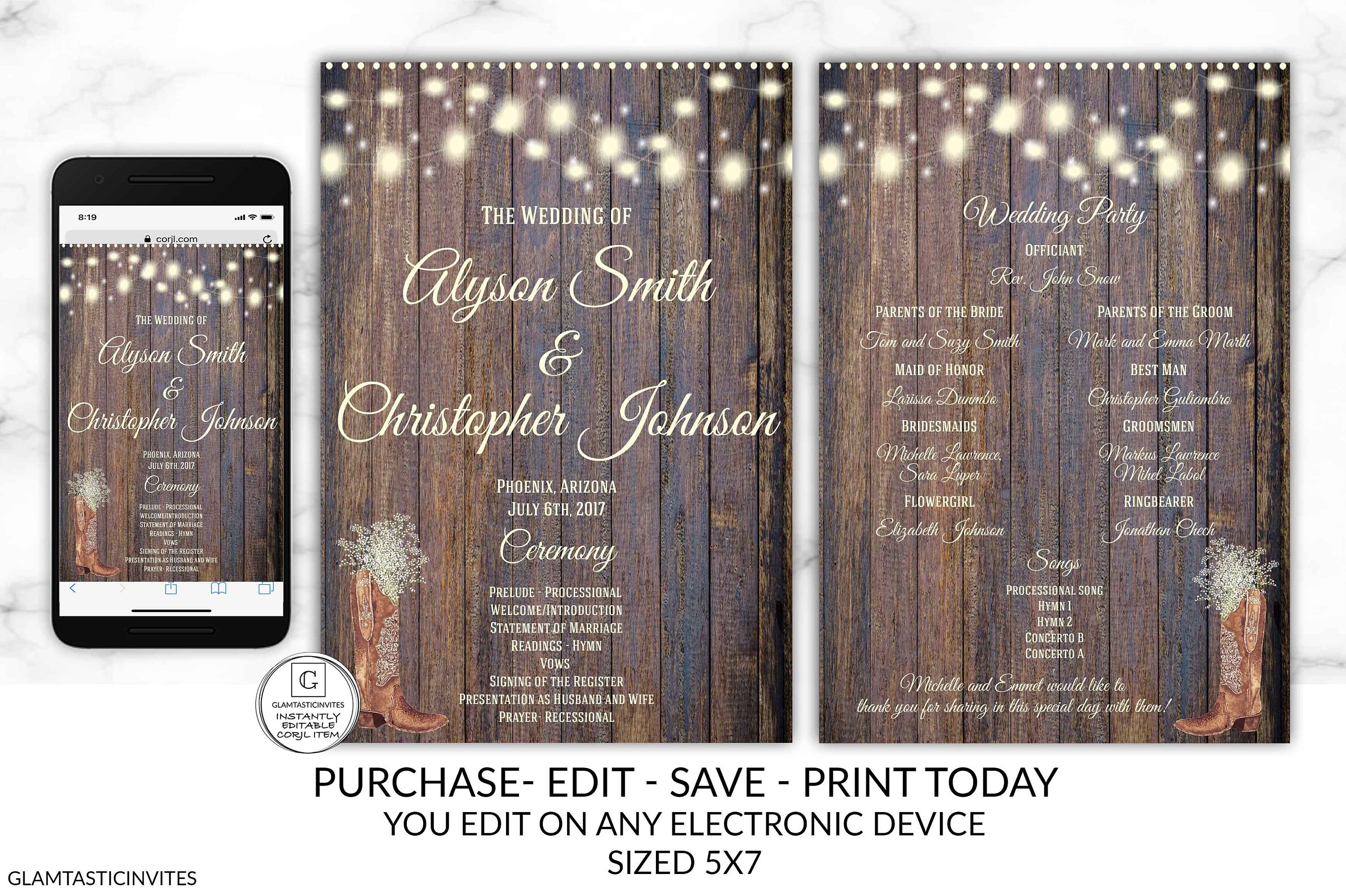 Personalizable Rustic Wedding Program Country Wedding Program - Etsy