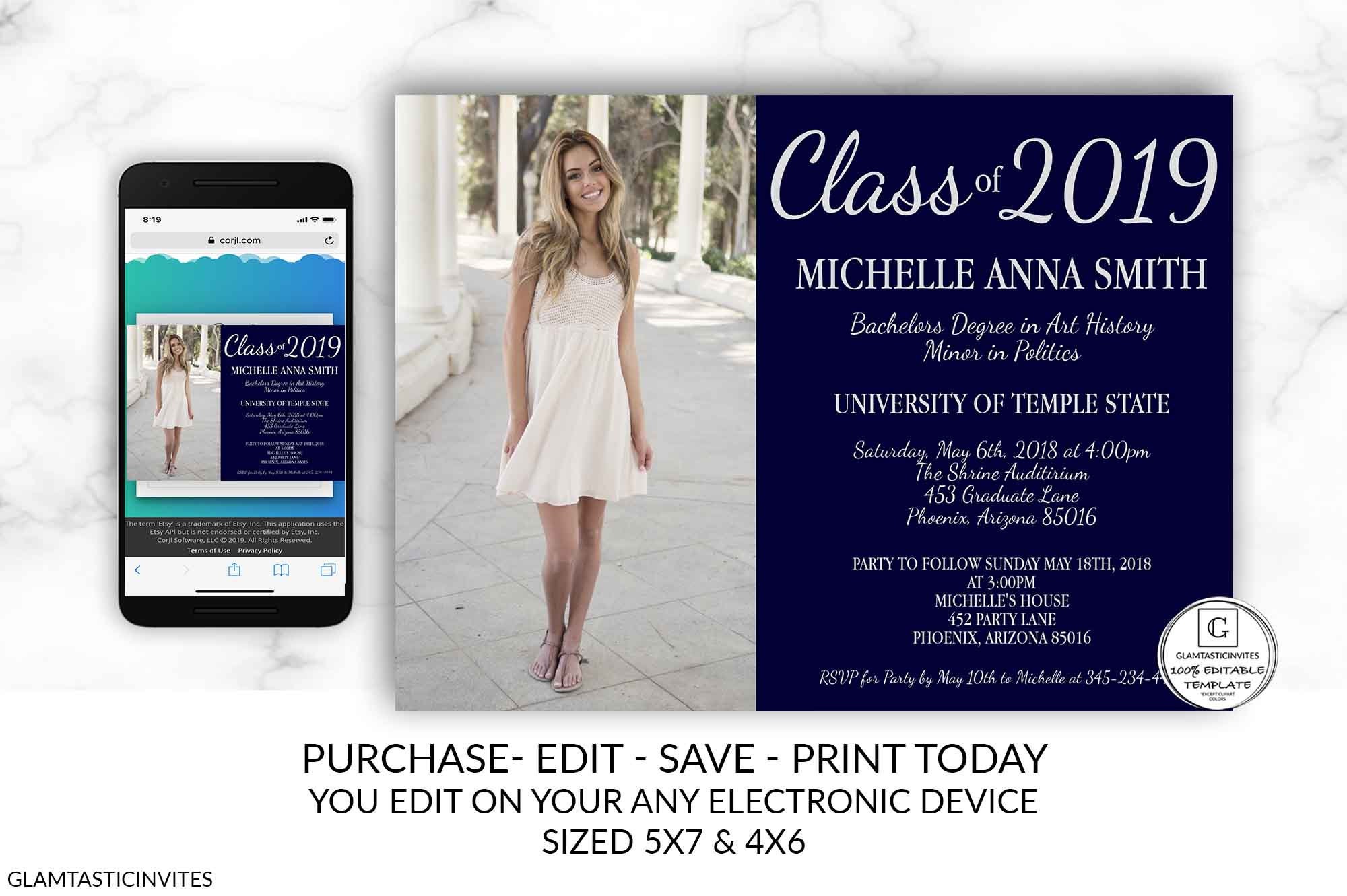 Blue Silver Graduation Invitation Editable Printable Elegant - Etsy