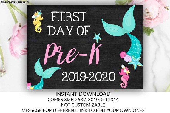 Mermaid First Day of Pre-K Sign Chalkboard Digital Printable Sign ...