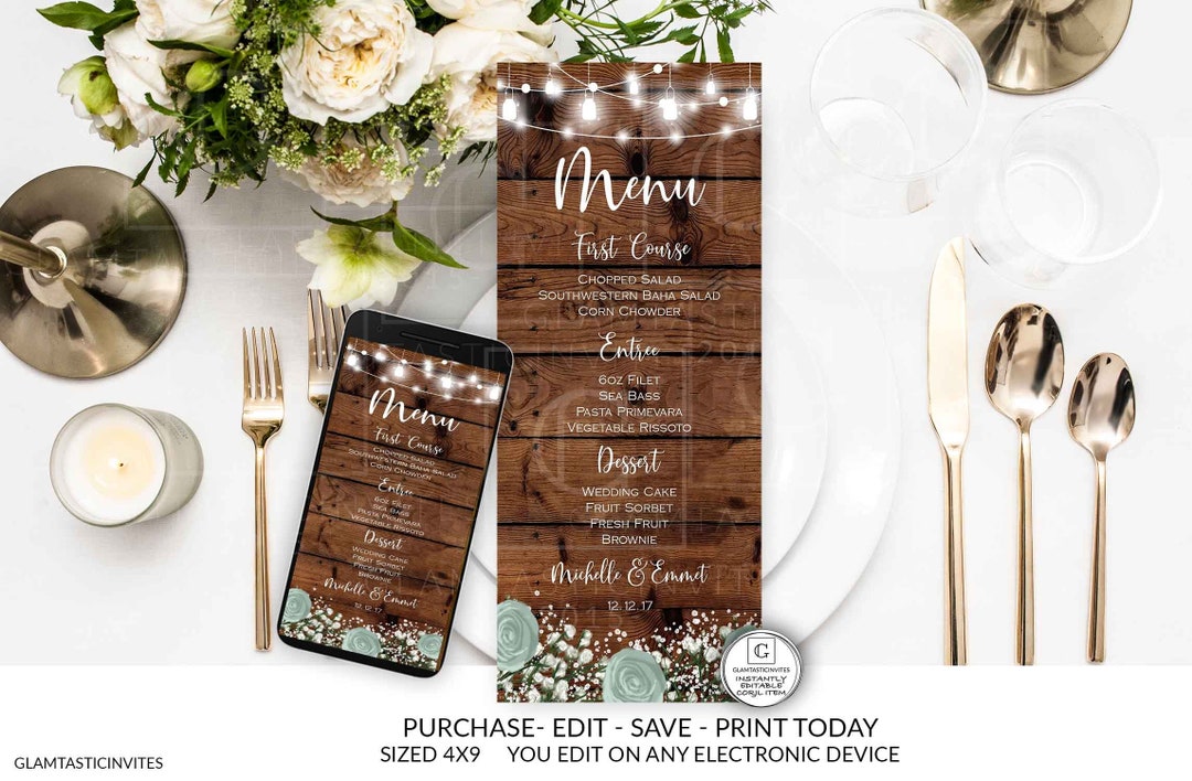 Editable Green Rose Menu Template, Instant Download, Rustic Dinner Menu ...