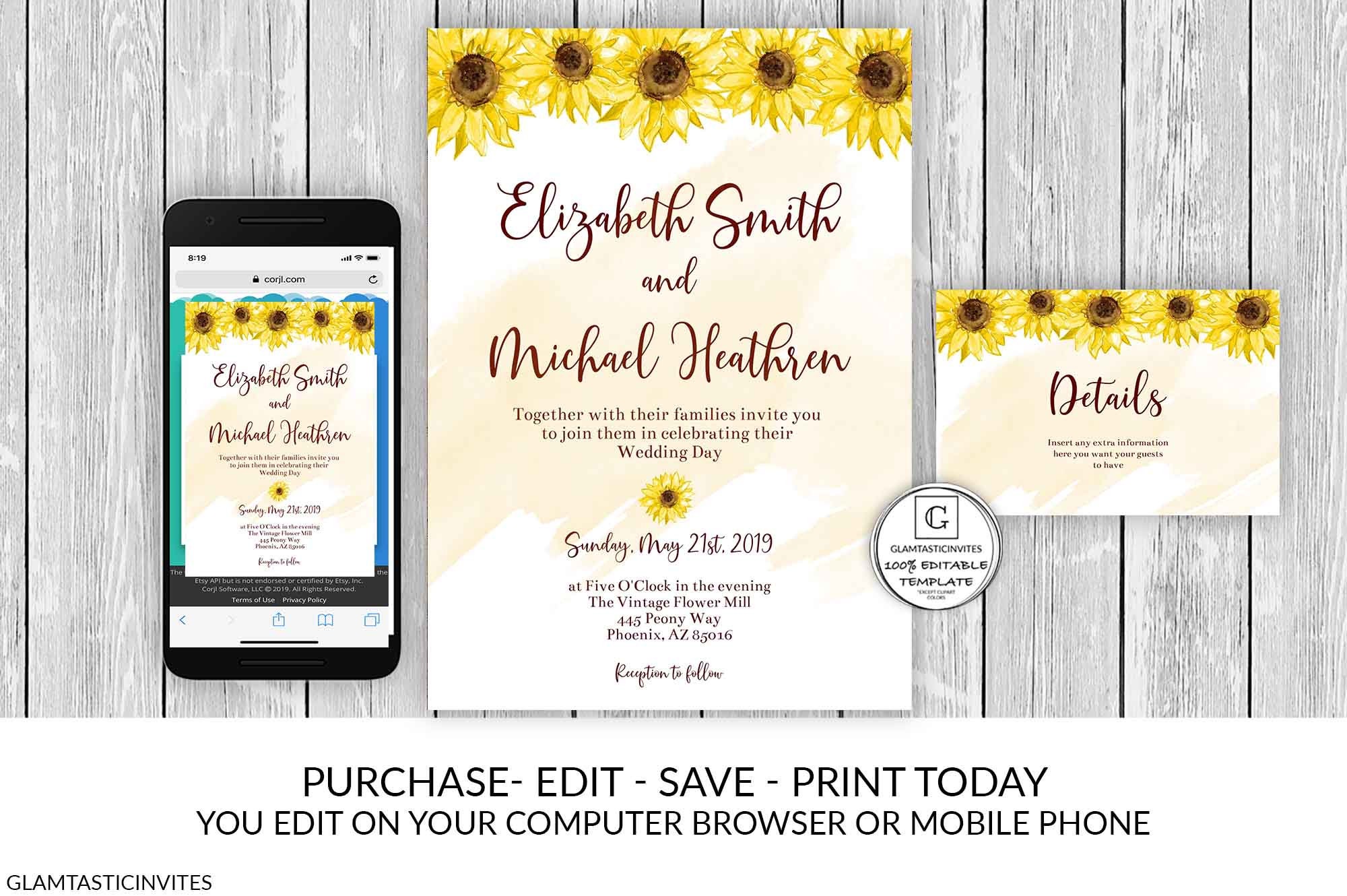 Sunflower Wedding Invitation Template Set Instant Download | Etsy