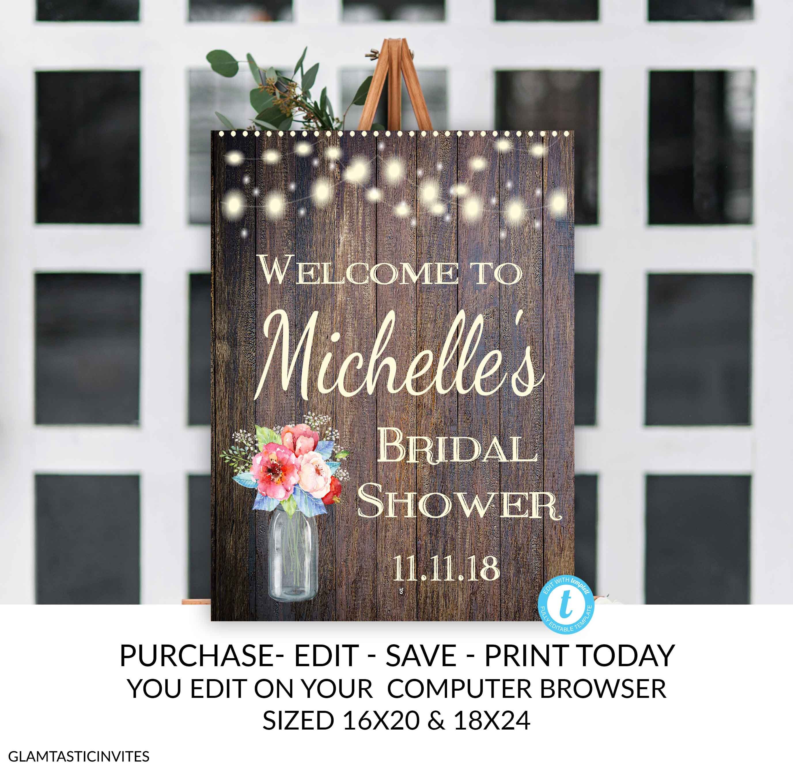 Rustic Bridal Shower Welcome Sign Template Flower Bridal | Etsy