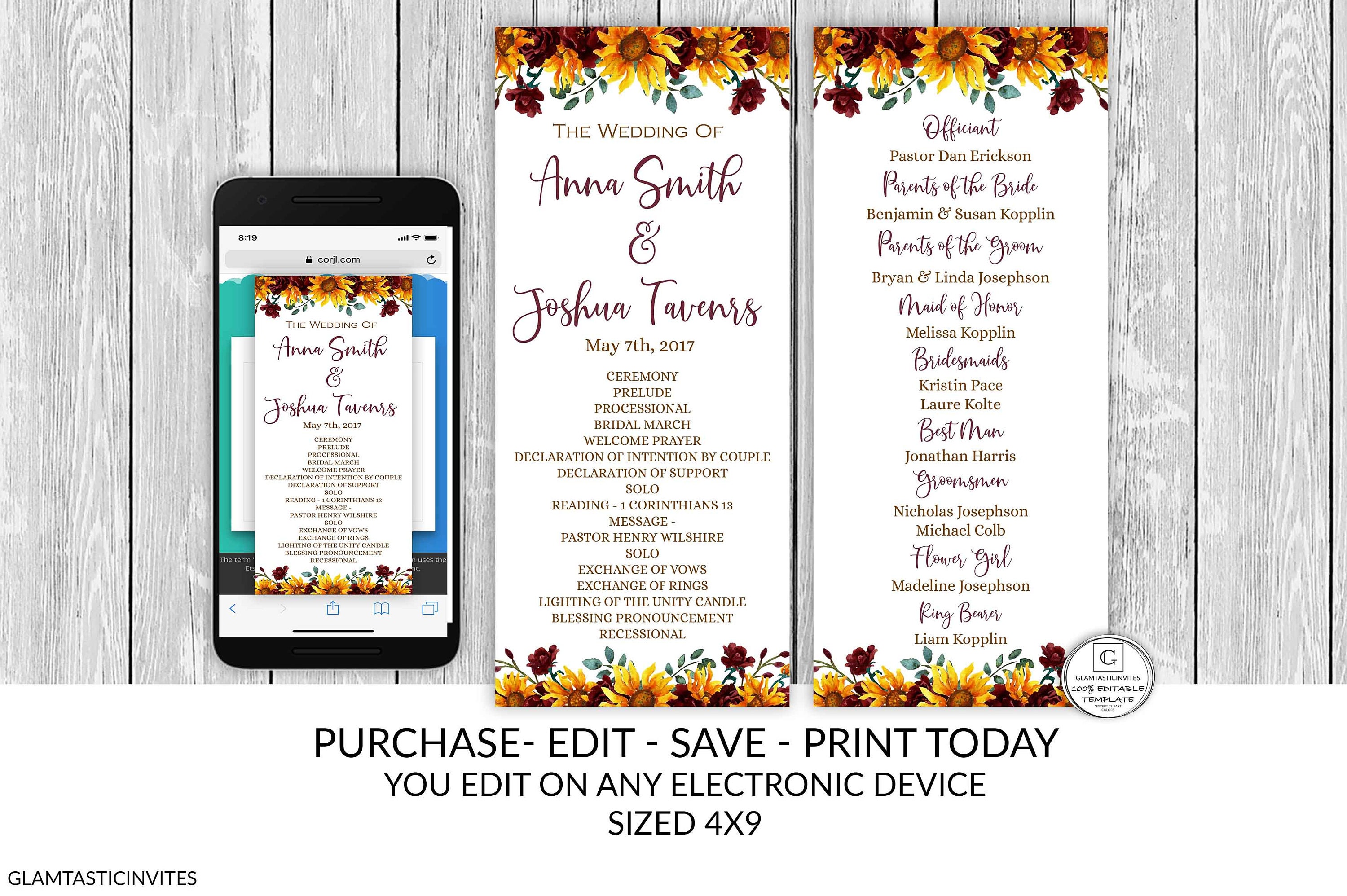 Wedding Ceremony Program Template Sunflower Editable Printable - Etsy