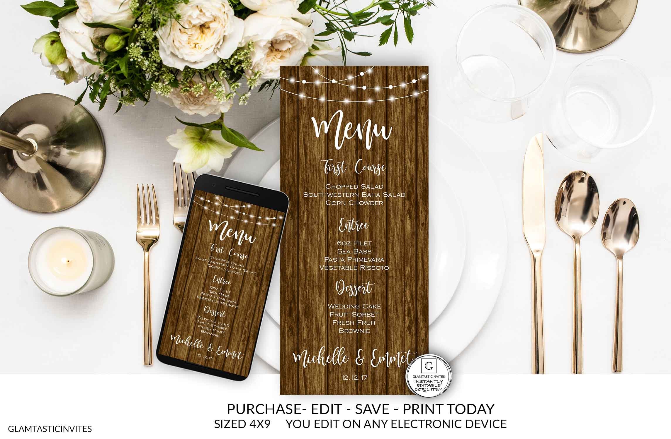 Printable Wedding Menu Rustic Wedding Menu Template Editable | Etsy
