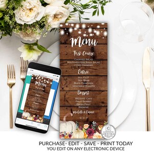 Fall Menu Template, Rustic Thanksgiving Wedding Pumpkin Menu, Editable ...