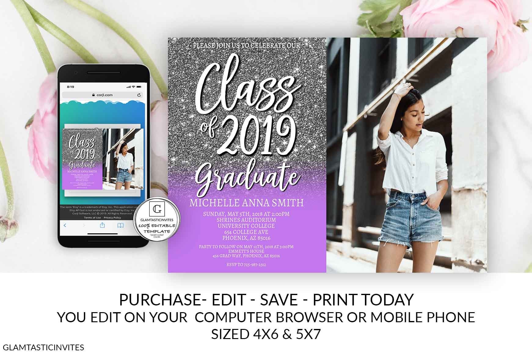 Silver Purple Graduation Invitation Template, Instant Download, Glitter ...