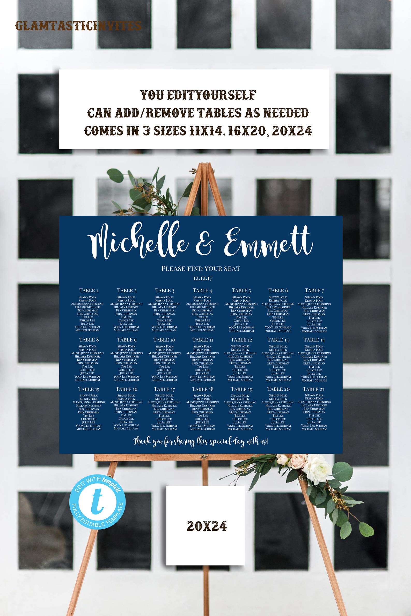 Blue Wedding Seating Chart Template Wedding Seating Chart | Etsy