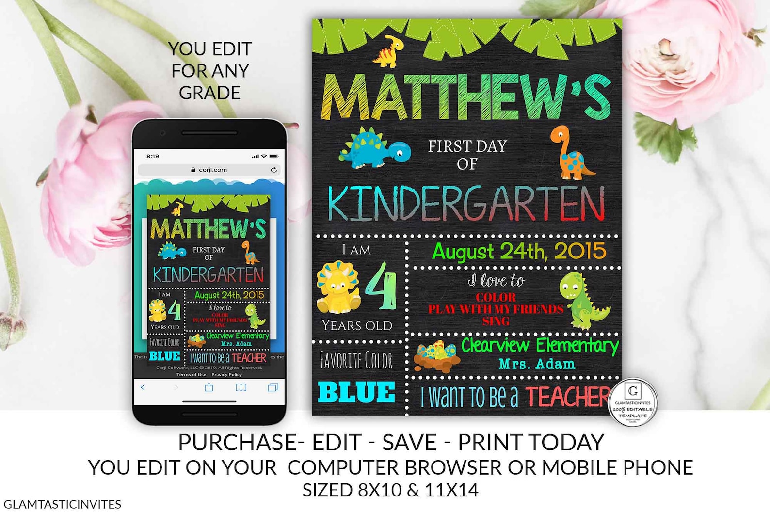 Dinosaur First Day of School Sign Any Grade Any Age Editable - Etsy