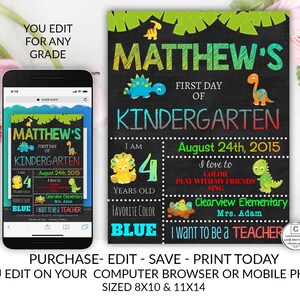 Dinosaur First Day of School Sign Any Grade Any Age Editable Printable ...