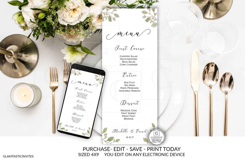 Greenery Menu Printable Menu Template Greenery Minimalist - Etsy