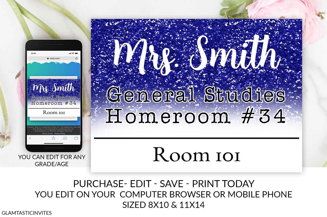 Blue Glitter Teacher Door Sign Template Printable Editable Cheap DIY ...