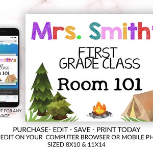 Teacher Classroom Door Welcome Sign Template Camping Outdoors - Etsy