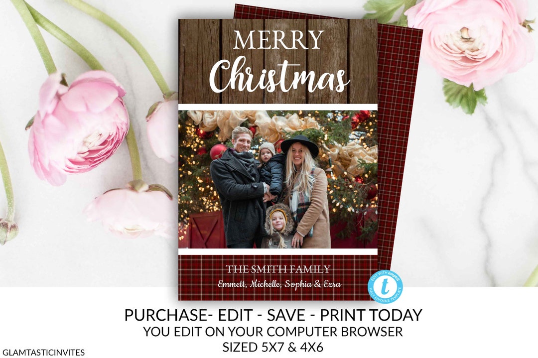 Rustic Plaid Christmas Family Photo Card Vintage Holiday Card Template ...