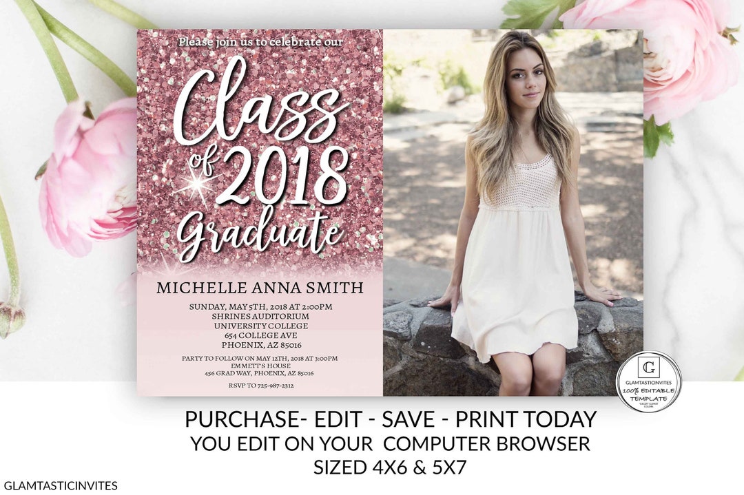 Pink Glitter Graduation Invitation, Graduation Invitation Template ...