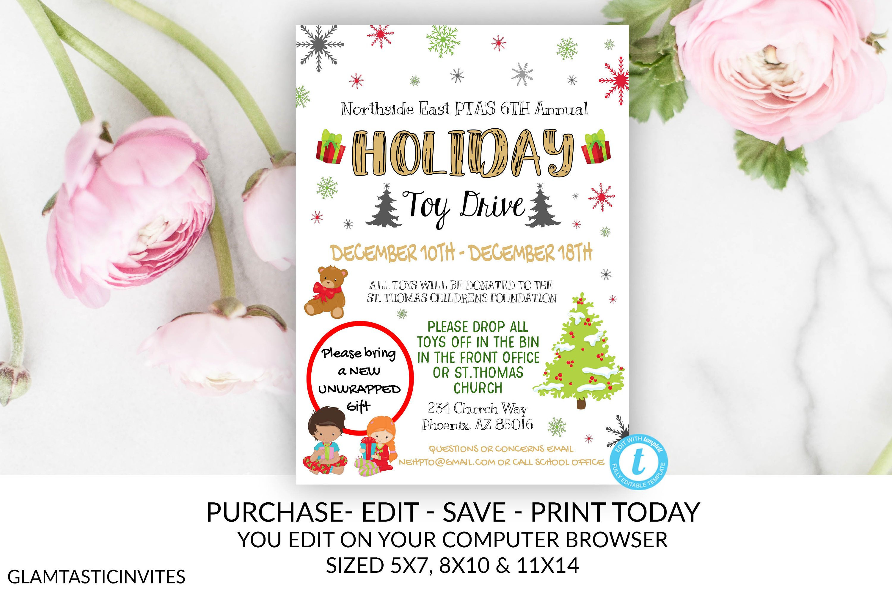 Holiday Toy Drive Flyer Holiday Toy Drive Invitation | Etsy