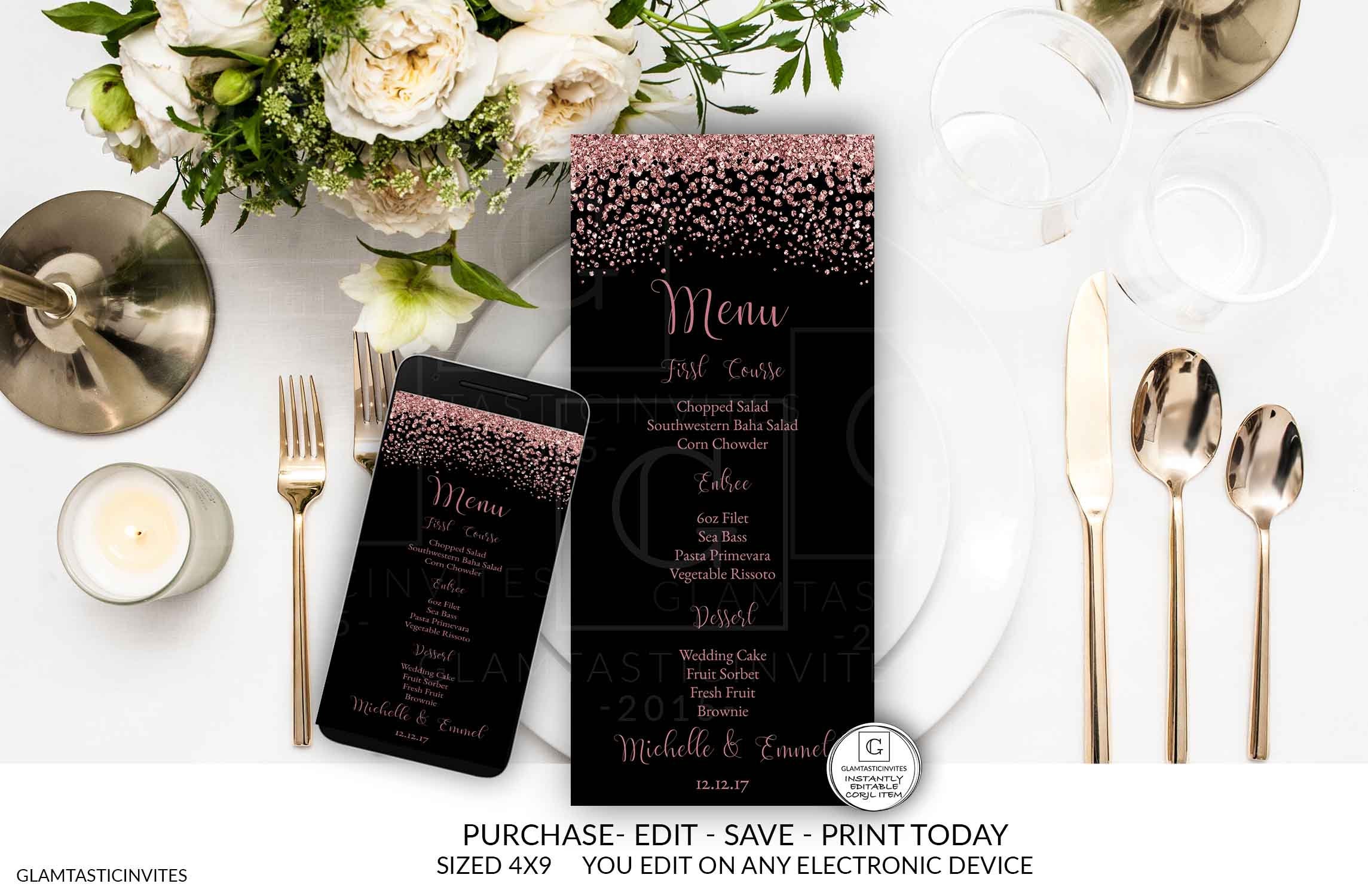 Rose Gold Diamond Wedding Menu, Printable Wedding Menu, Instant ...