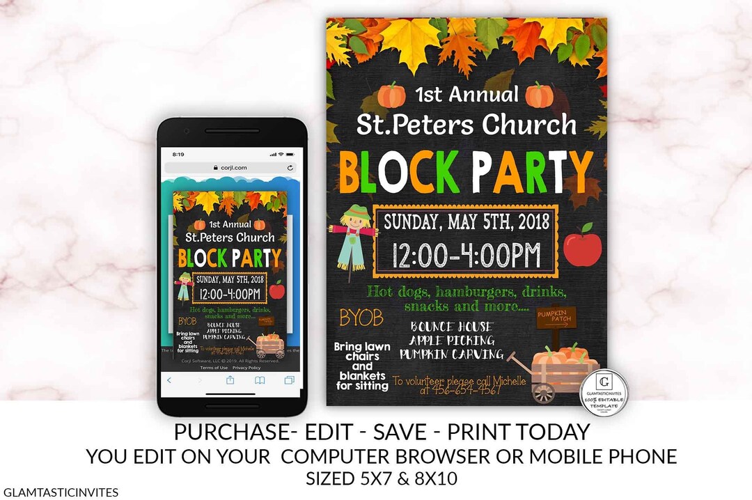 Fall Block Party Invitation, Fall Festival Flyer, You Edit, Any Event ...