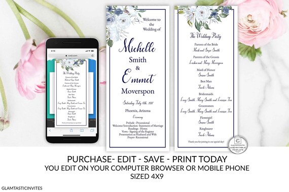 Blue Floral Wedding Program Editable Printable Order of Events Ceremony ...
