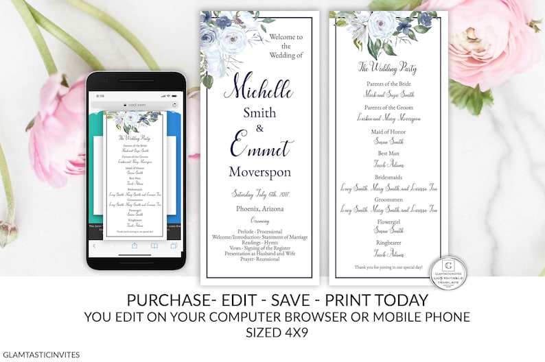 Blue Floral Wedding Program Editable Printable Order of Events | Etsy
