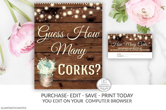 Guess How Many Corks Bridal Shower Game Rustic Country Guess How Many ...