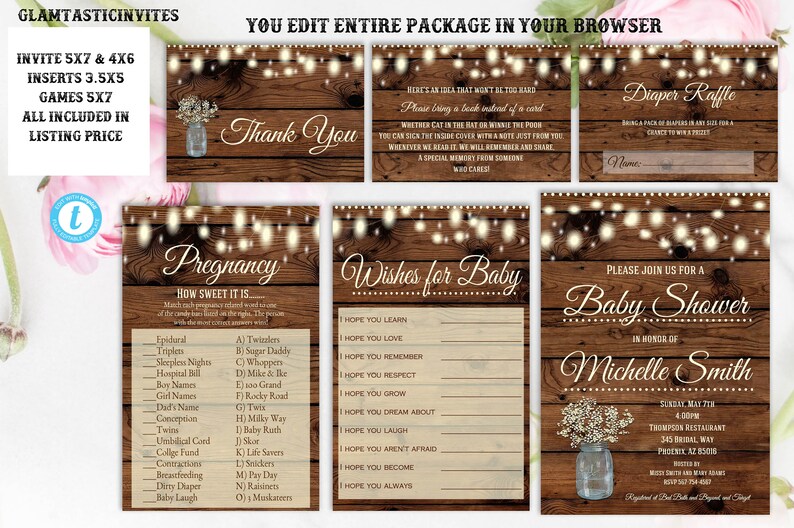 Rustic Baby Shower Invitation Package Template Instant - Etsy
