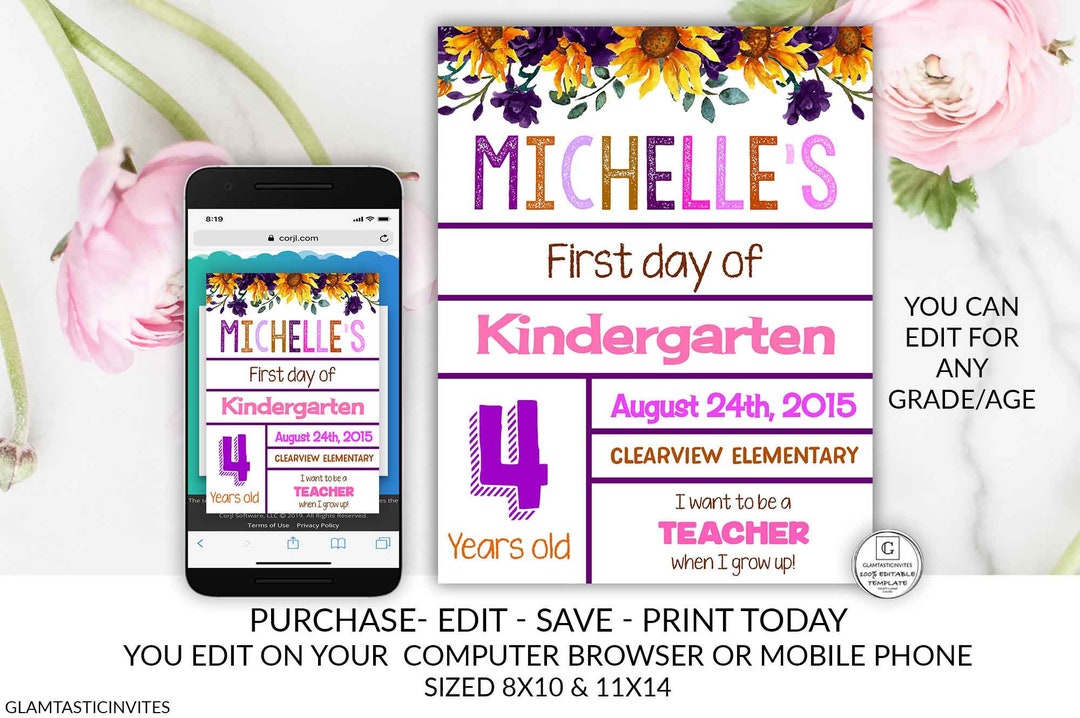 Editable Sunflower Girl First Day of School Chalkboard Poster Any Grade ...