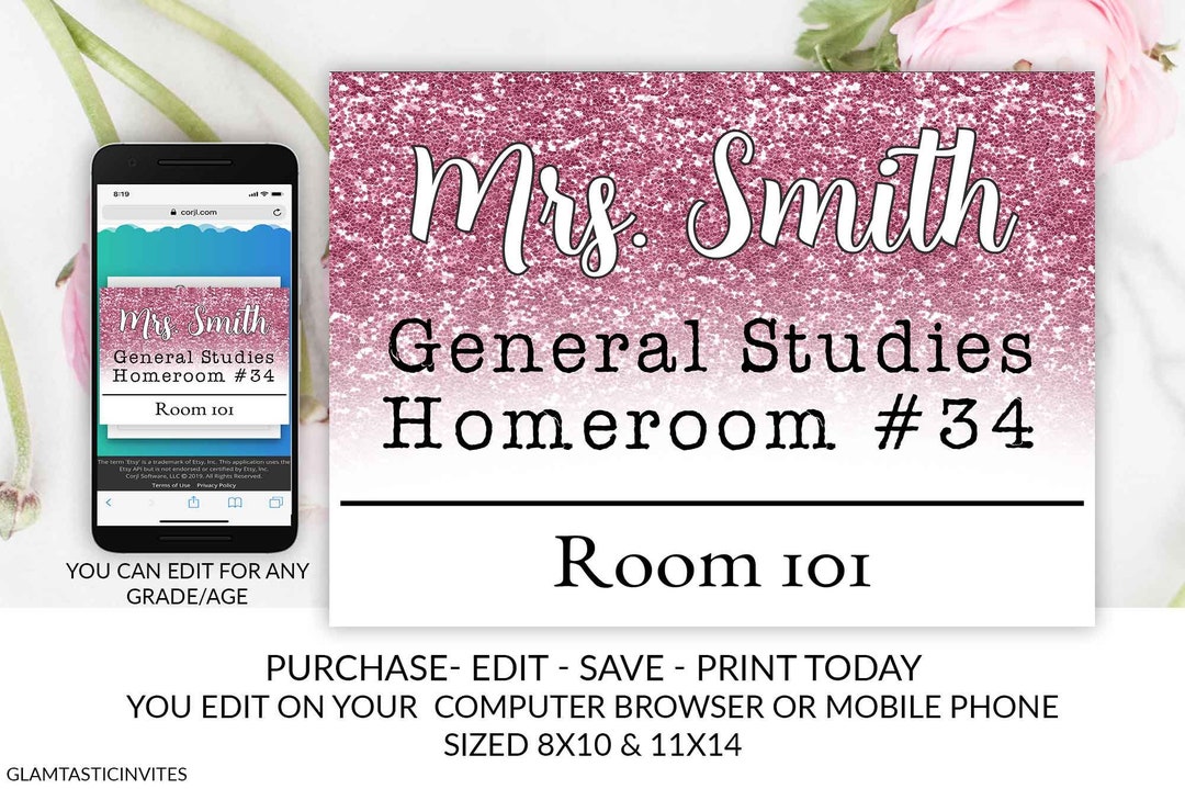 Pink Glitter Teacher Door Sign Template Printable Editable - Etsy