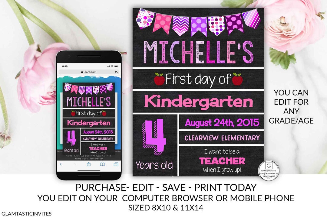 First Day of School Sign Template Chalkboard Printable Girl Purple ...