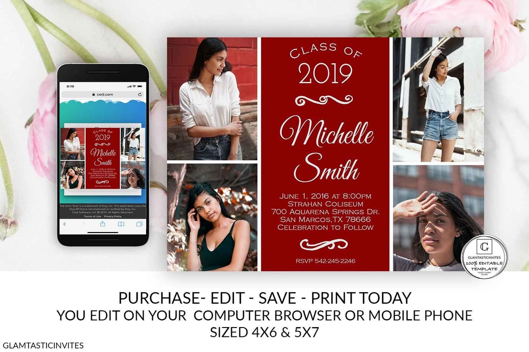 Graduation Invitation Editable Printable Red Silver Class of Graduation ...