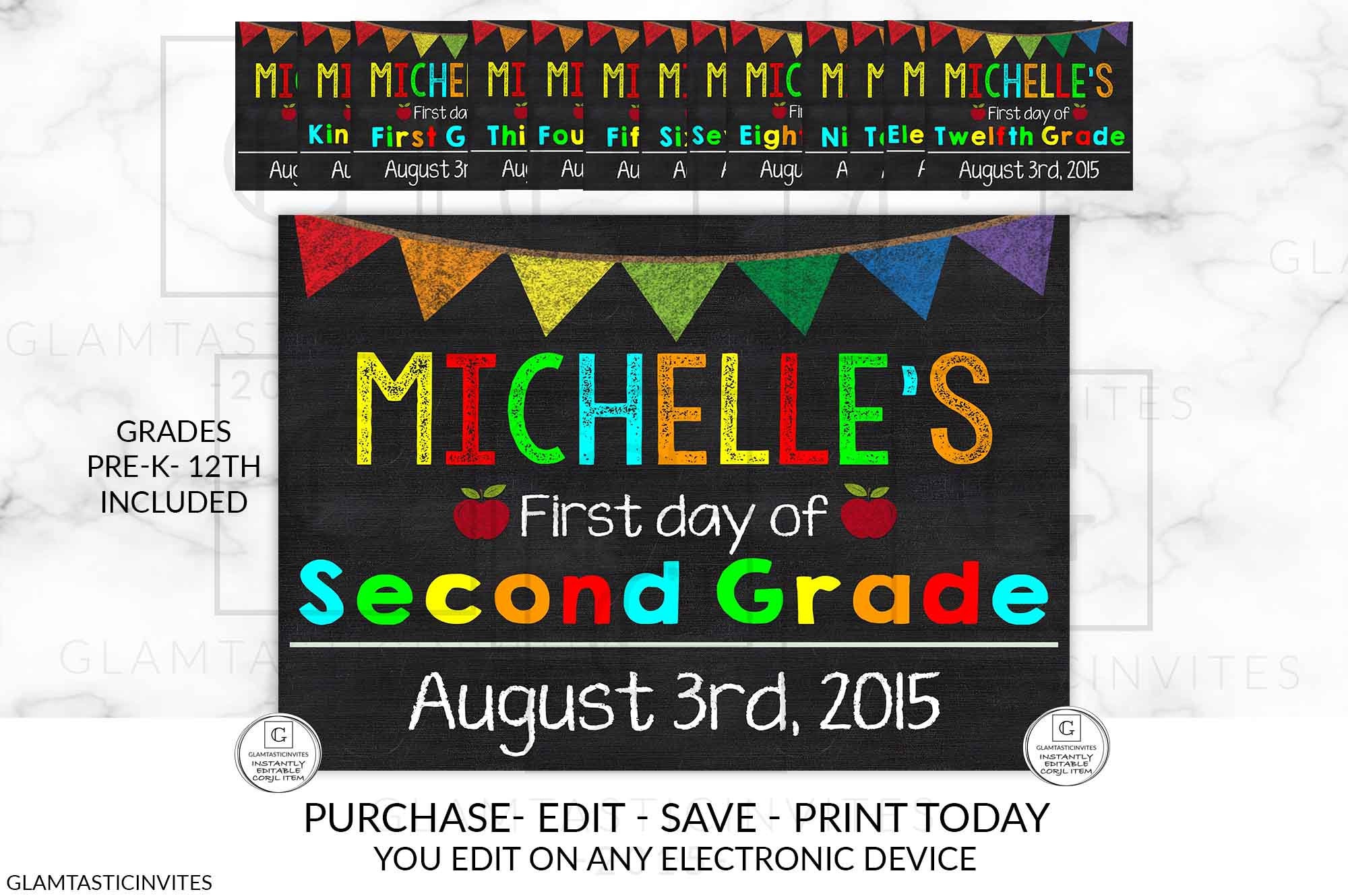 Editable First Day of School Sign, Back to School, Printable Chalkboard ...
