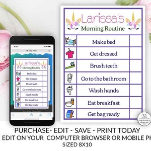 Unicorn Girl Printable Editable Chore Chart Instant Download - Etsy