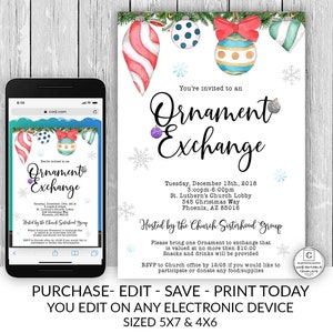 Printable Ornament Exchange Party Invitation, Editable Christmas Party ...
