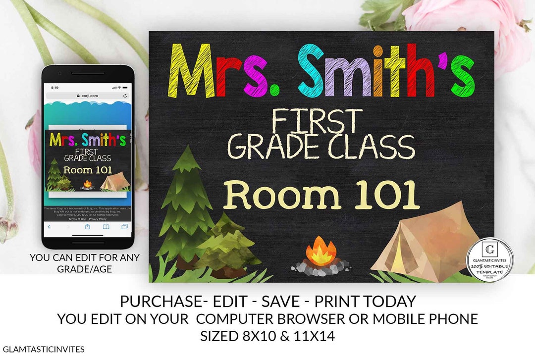 Teacher Classroom Door Welcome Sign Template Outdoors Camping Instant ...