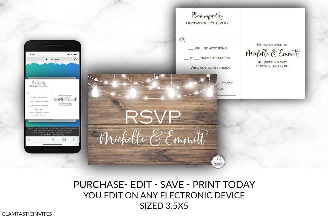 Printable Rustic Wedding RSVP, Country Rustic Response Card Template, Hanging Lights Wood ...