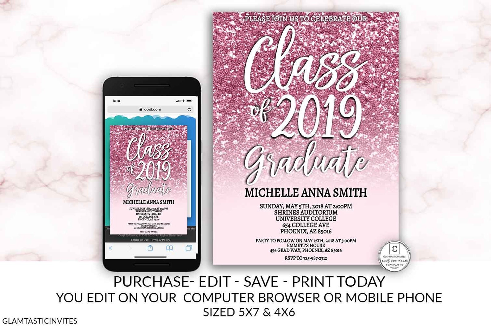 Pink Glitter Graduation Invitation Editable Printable Class of - Etsy