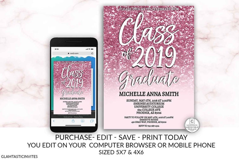 Pink Glitter Graduation Invitation Editable Printable Class of - Etsy