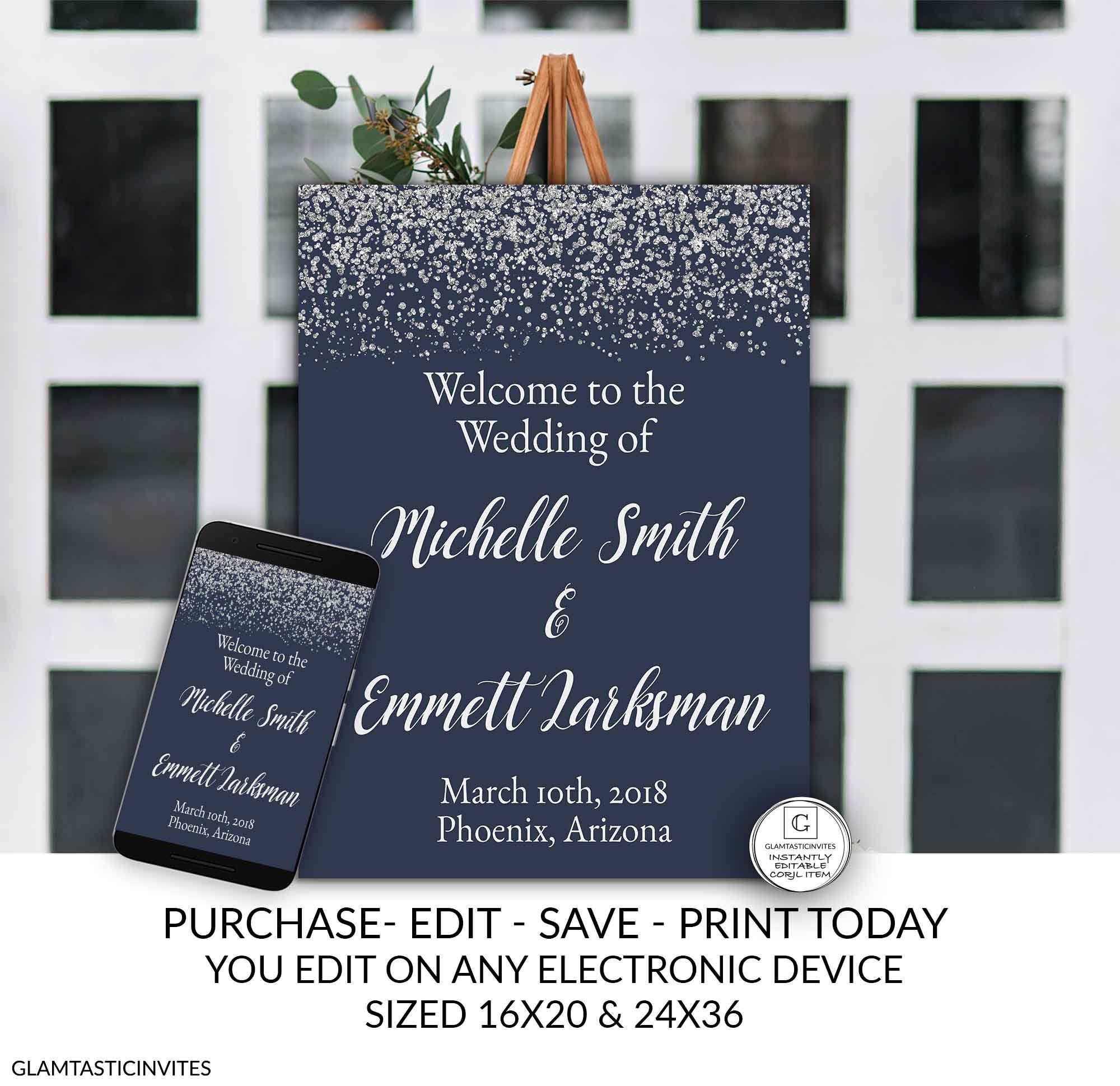 Silver Navy Blue Diamond Wedding Welcome Sign Elegant Editable | Etsy