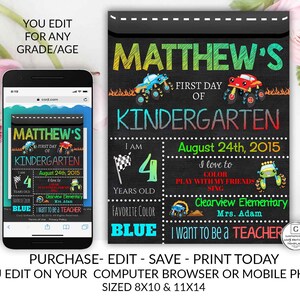 Editable Monster Truck Boy Back to School Sign First Day of School Sign ...