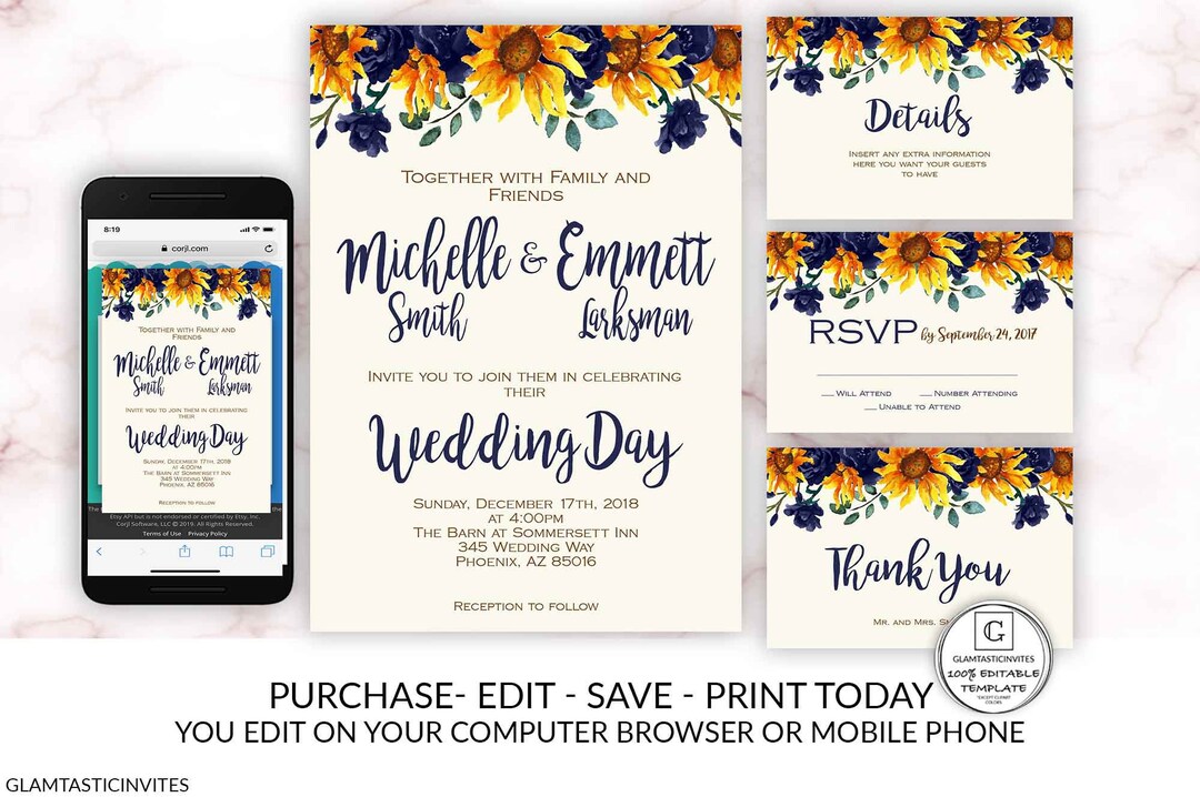 Sunflower Wedding Invitation, Wedding Template, Sunflower, Navy Blue ...