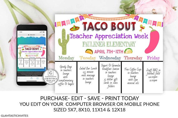 Taco Teacher Appreciation Chalkboard Sign Template, Template, Editable ...