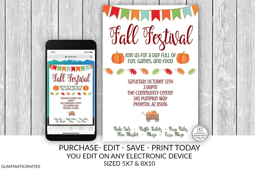 Fall Festival Flyer Template Invitation Editable Printable Fall Autumn ...