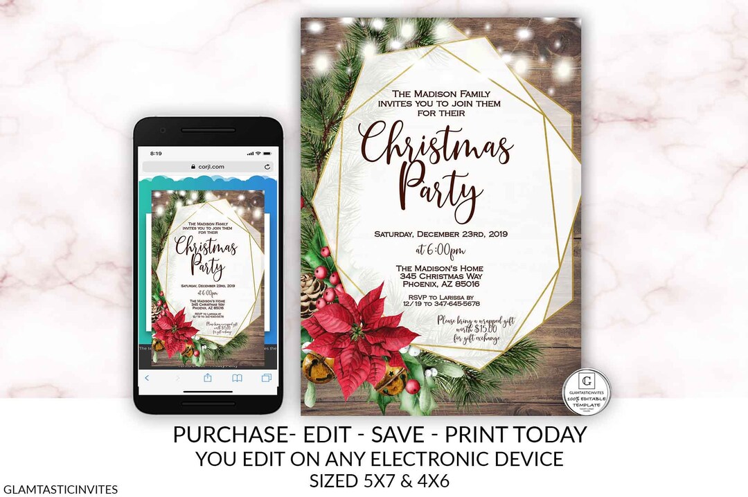 Editable Rustic Christmas Party Invitation Template Holiday Company ...